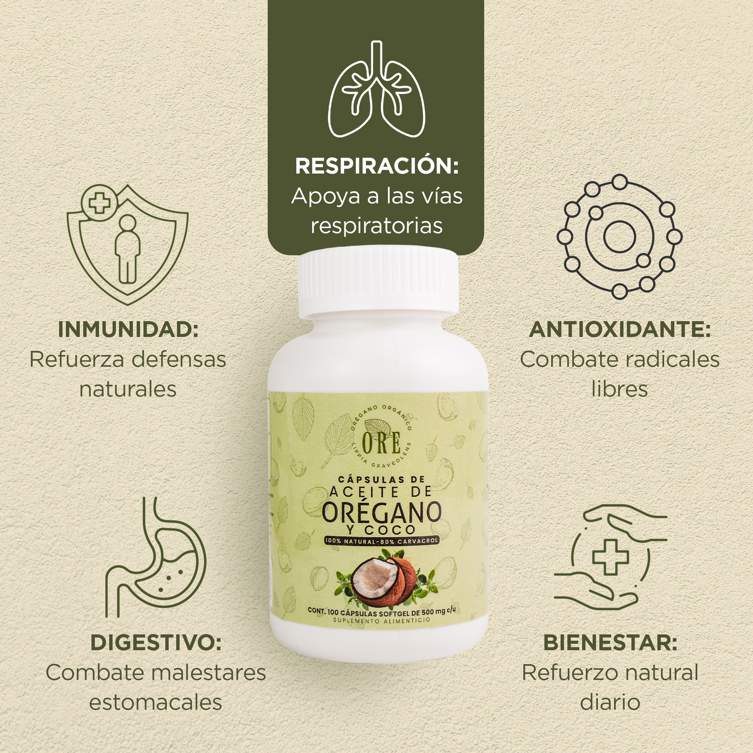 Aceite De Orégano Y Aceite De Coco En Cápsulas 100 Pzas ORE, 80% ...